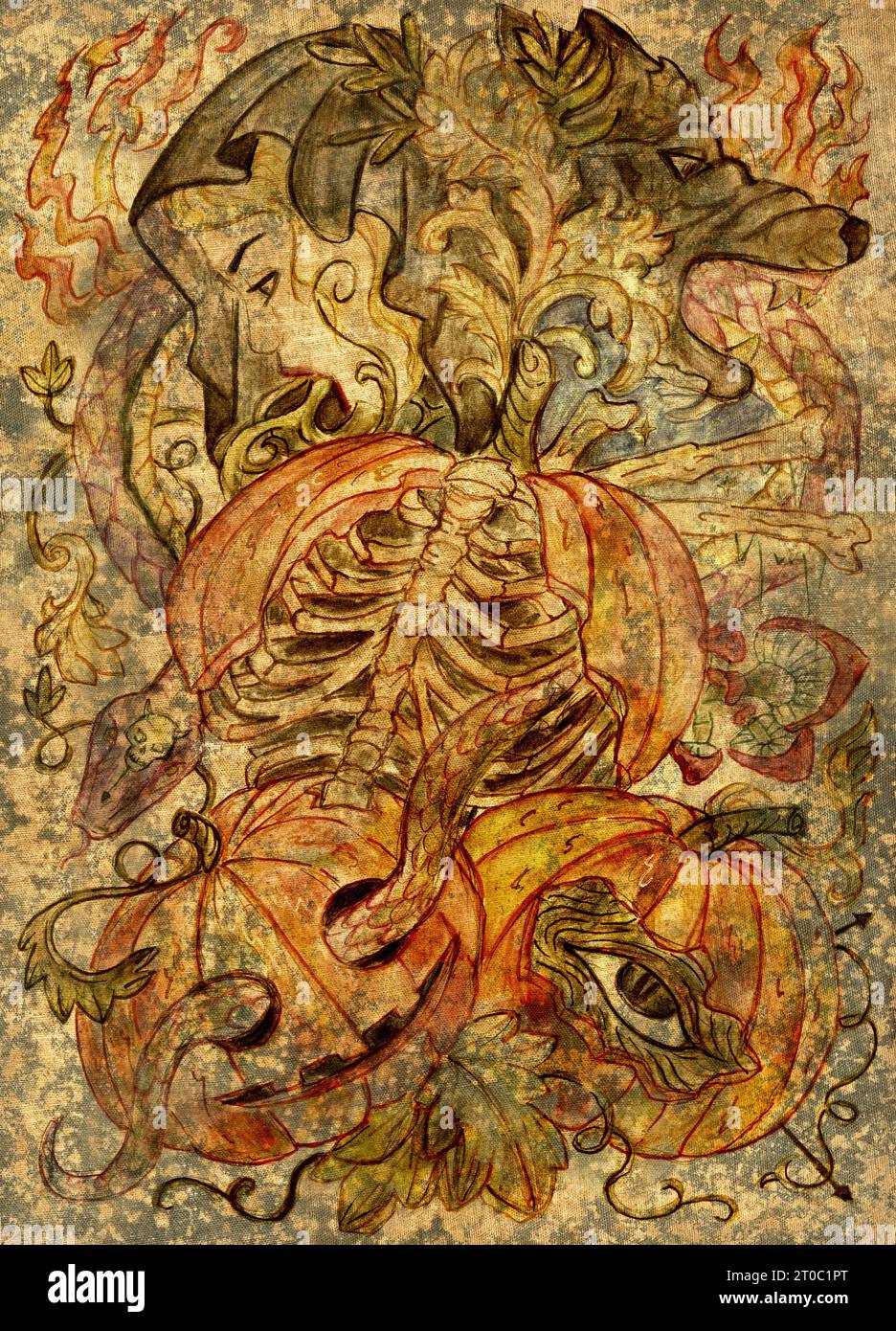 Scary mystic illustration with witch, wolf head and pumpkins with ...