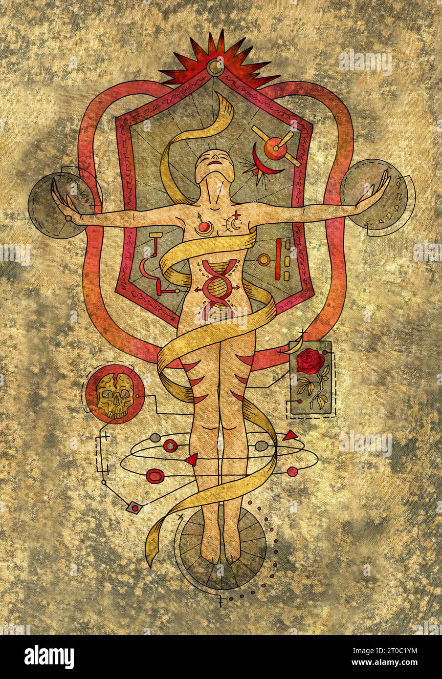 Vintage mystic illustration with occult, esoteric and gothic symbol against old paper textured ...