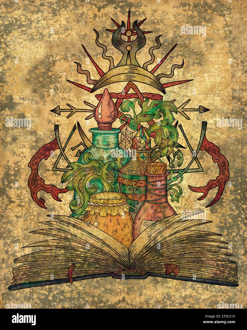 Vintage mystic illustration with occult, esoteric and gothic symbol of book and witch potion ...