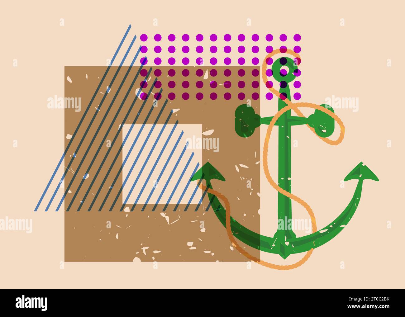 Risograph Anchor and geometric shapes. Nautical Object in trendy riso ...