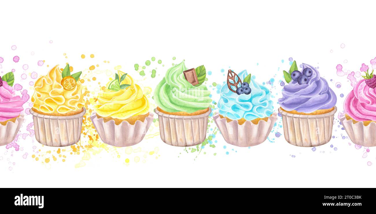 Seamless border rainbow multicolored cupcakes muffins, sweet whipped ...