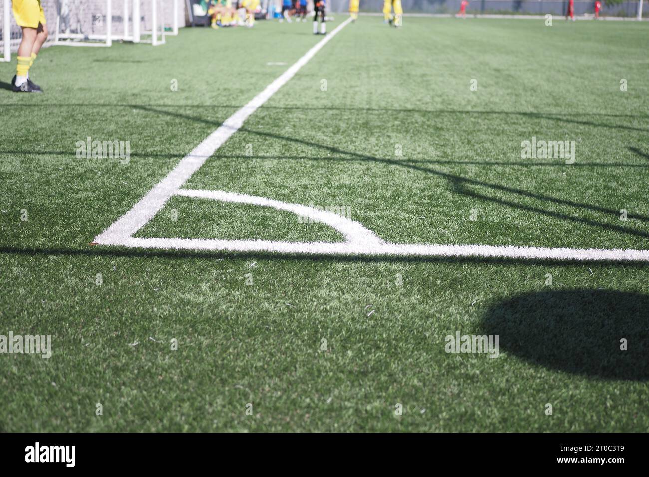 Closeup of Corner kick line of football and soccer field, background ...