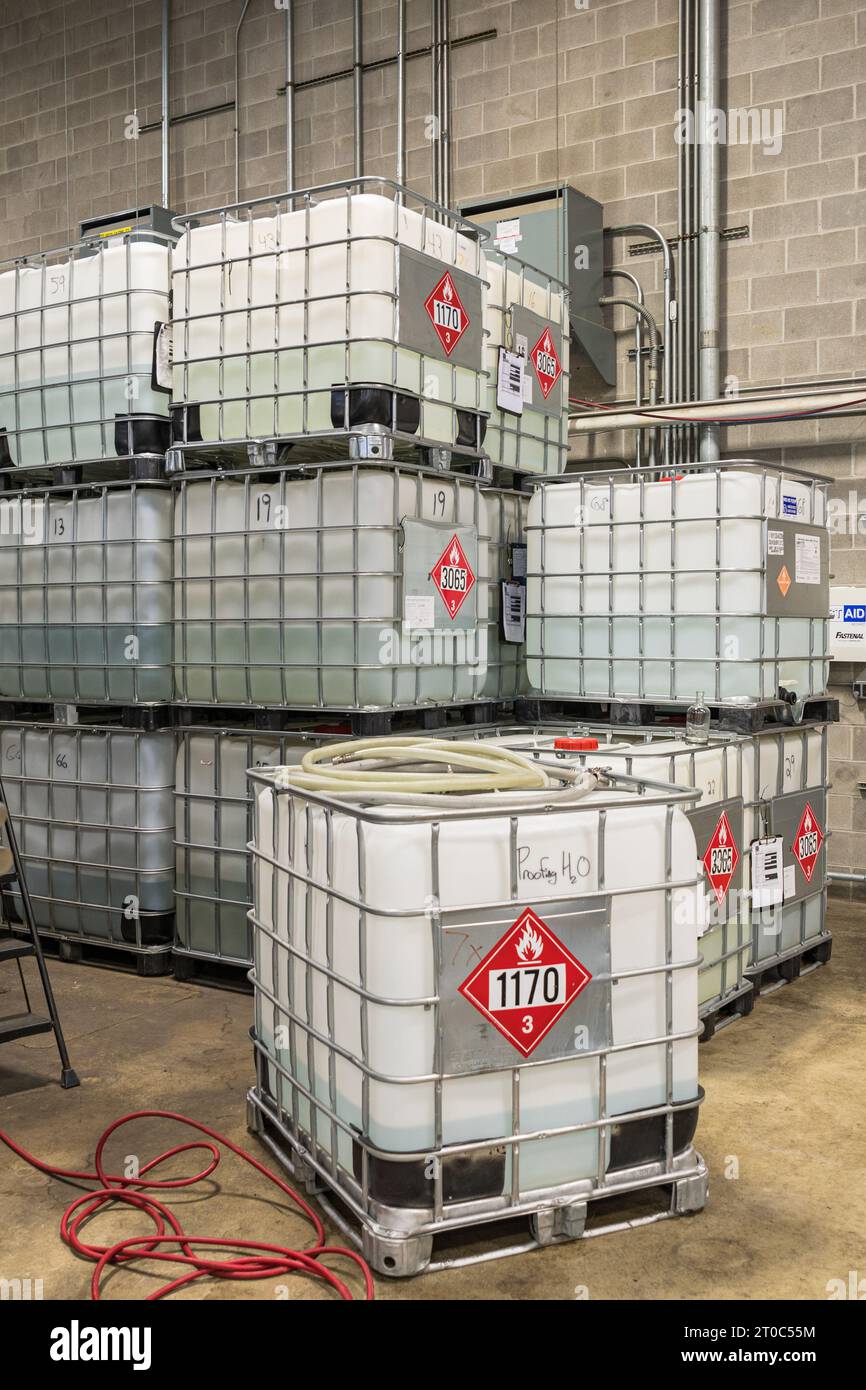 Liquid in large storage containers at the Southern Tier Brewing ...
