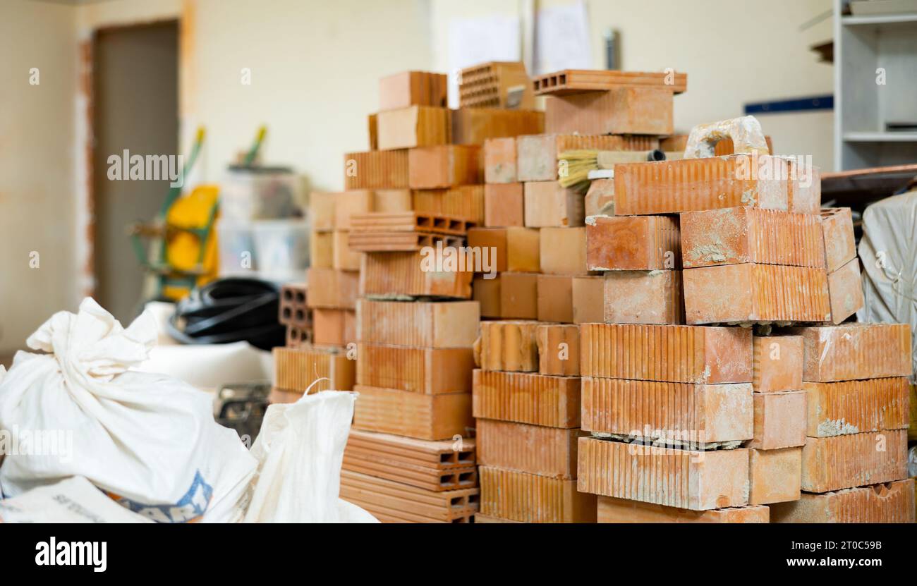 Construction materials inside the building under construction Stock ...