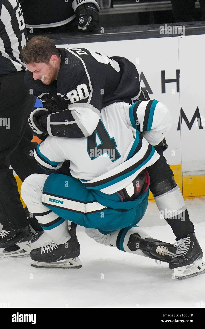 Los Angeles Kings left wing Pierre-Luc Dubois (80) and San Jose Sharks ...
