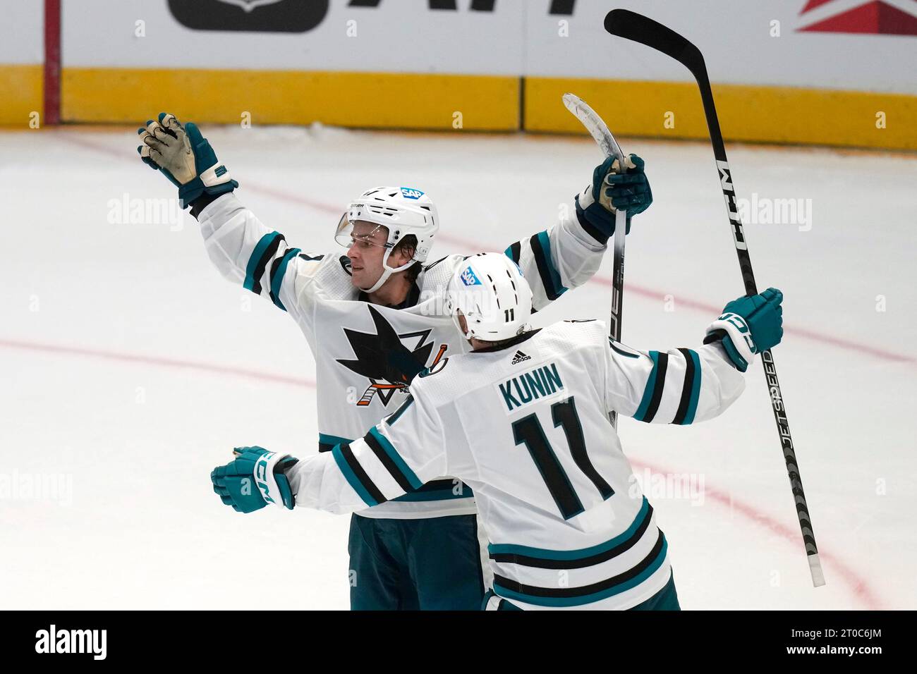 San Jose Sharks center Thomas Bordeleau, rear, celebrates his goal ...