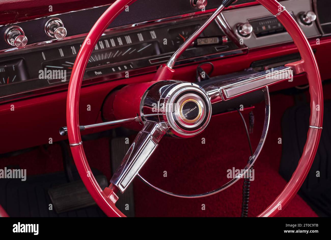 Close up on old vintage car steering wheel and cockpit. Retro styled ...