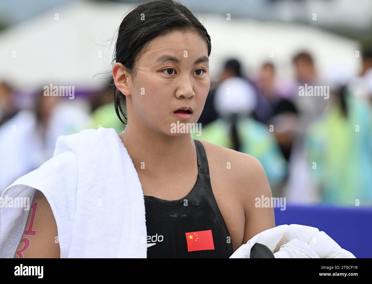 Chun'an, China's Zhejiang Province. 6th Oct, 2023. Wu Shutong of China reacts after the Women's ...