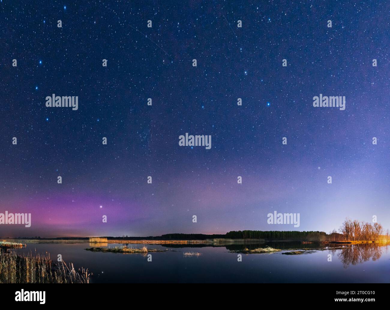 Sunset Sunrise Sun Rises Over River Or Lake. Lavender Colors Of Starry ...