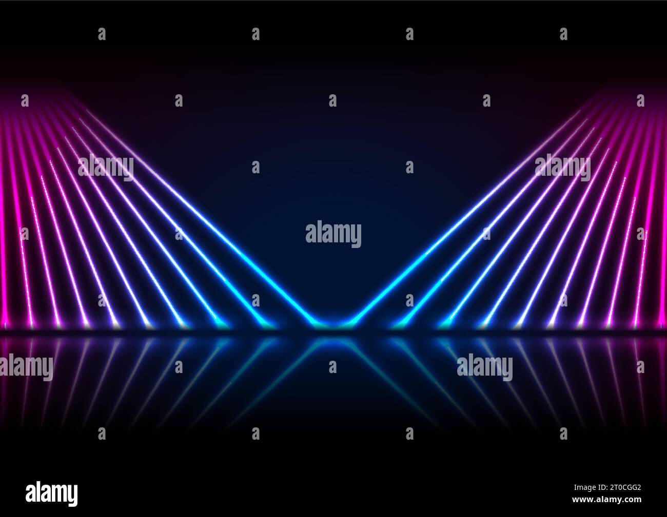 Blue and ultraviolet neon laser lines with reflection. Abstract rays ...