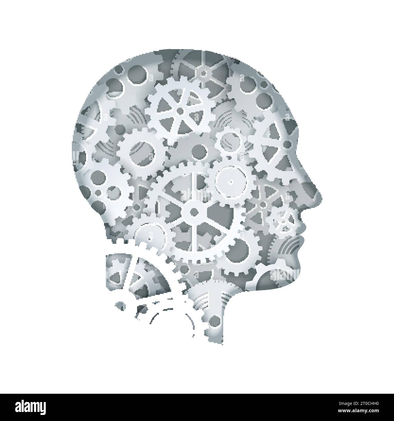 Human head with cogwheel gear clock mechanism, vector illustration in paper art modern craft ...