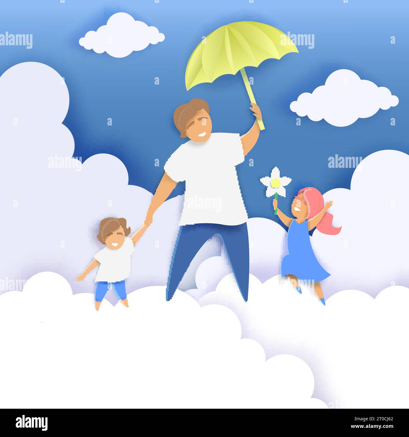 Happy father with two kids walking along fluffy clouds and holding ...