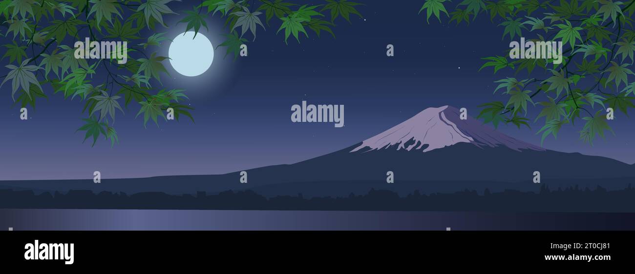 The moon rising over Mount Fuji, hanging branches of a Japanese maple ...
