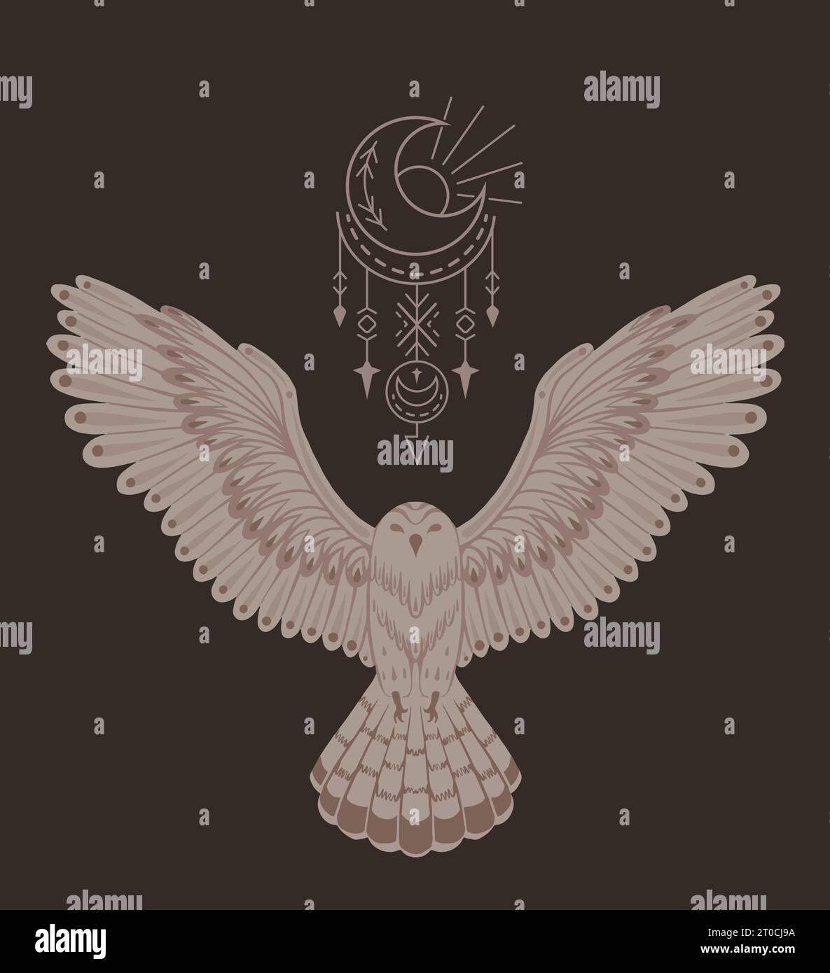 Vector sacral card of an owl with spread wings on dark background. Hand ...