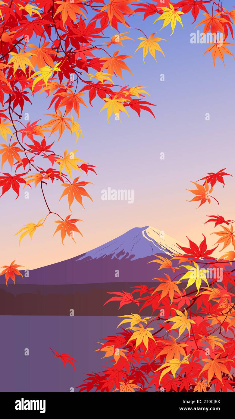Yellow and orange maple leaves on the background of Mount Fuji. Autumn ...