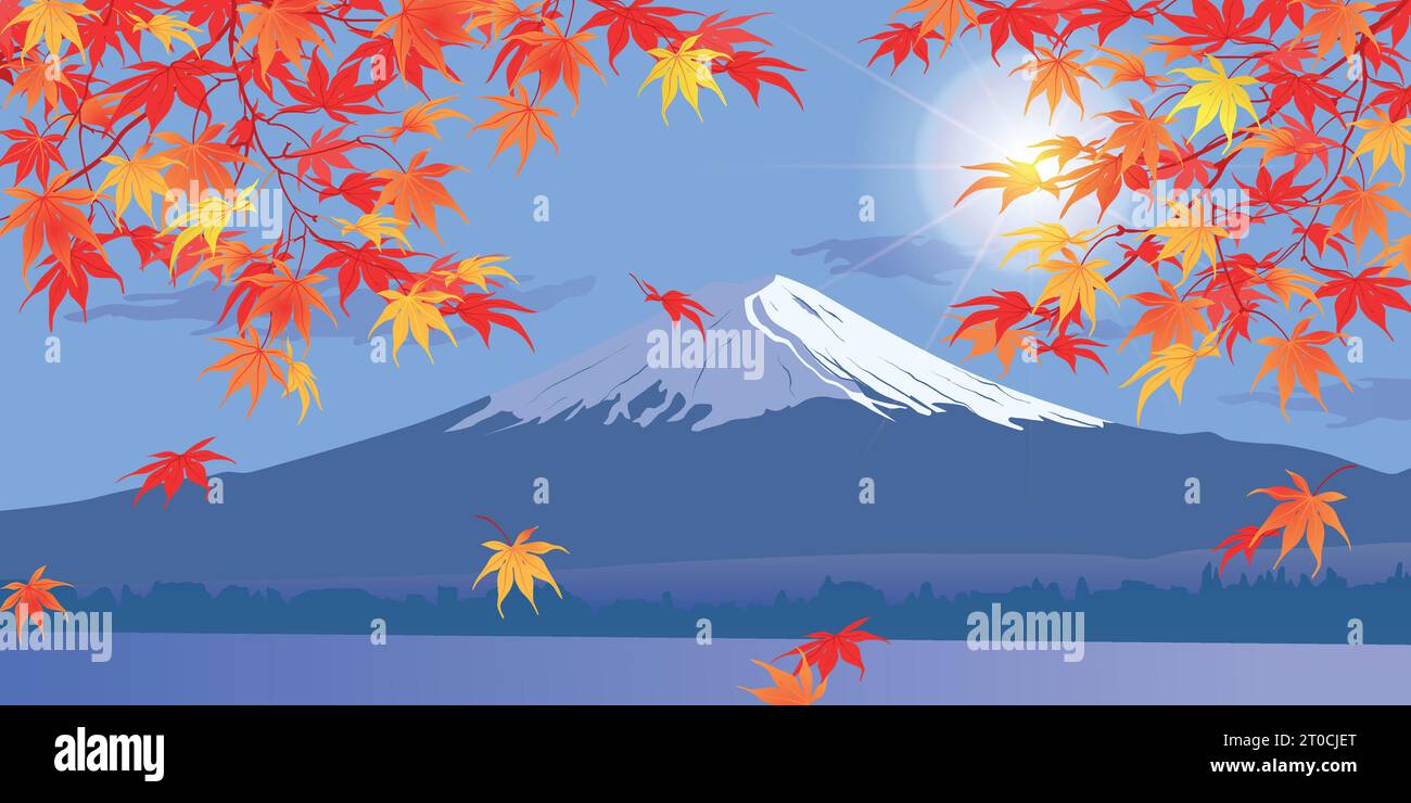Autumn branches on the background of Mount Fuji. Mid-autumn is the time ...