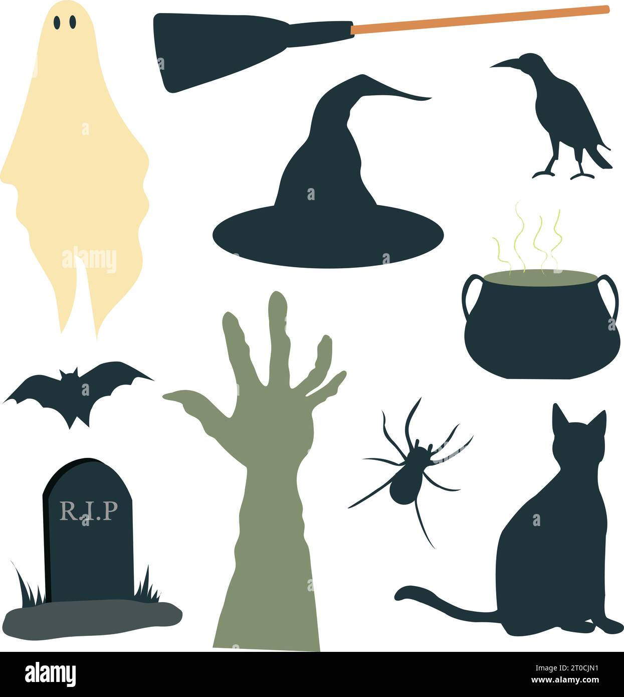 set of halloween elements, halloween elements, broom, ghost, crow, cat ...