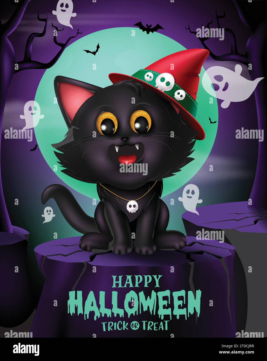 Halloween cat character vector poster design. Happy halloween greeting ...