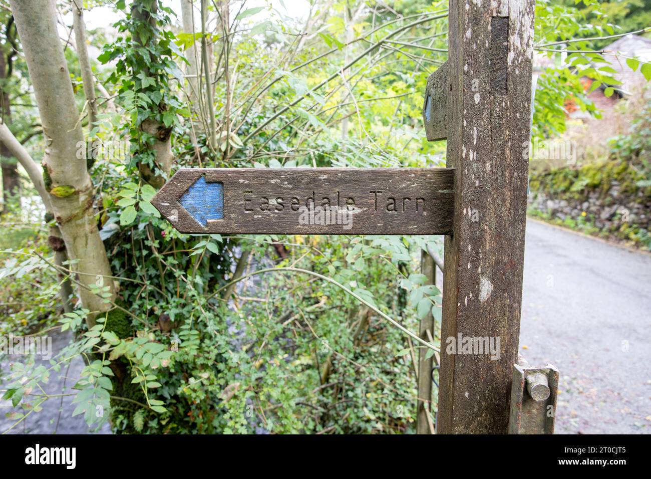 Lake District national park, wooden timber sign pointing to Easedale ...
