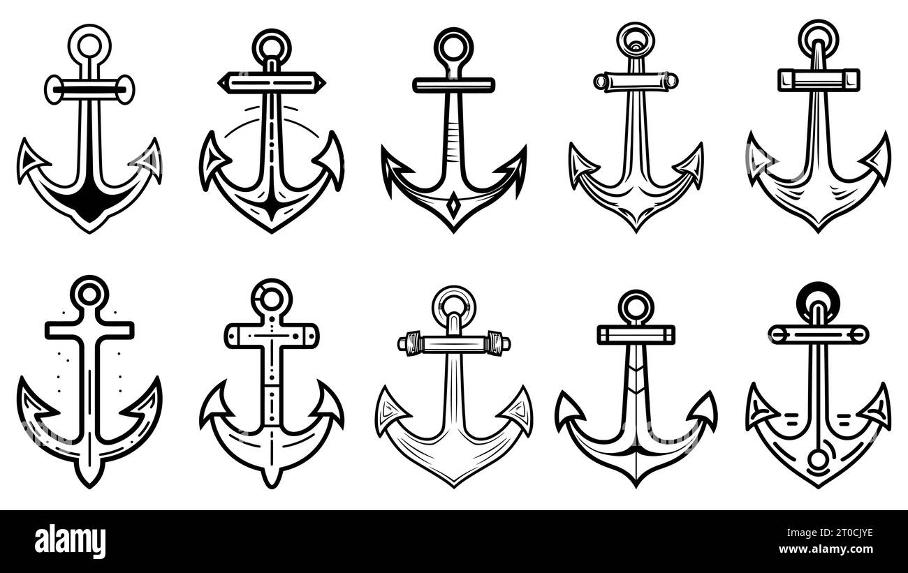 Anchor icon. Various shapes of anchors. Set of black anchor icons ...