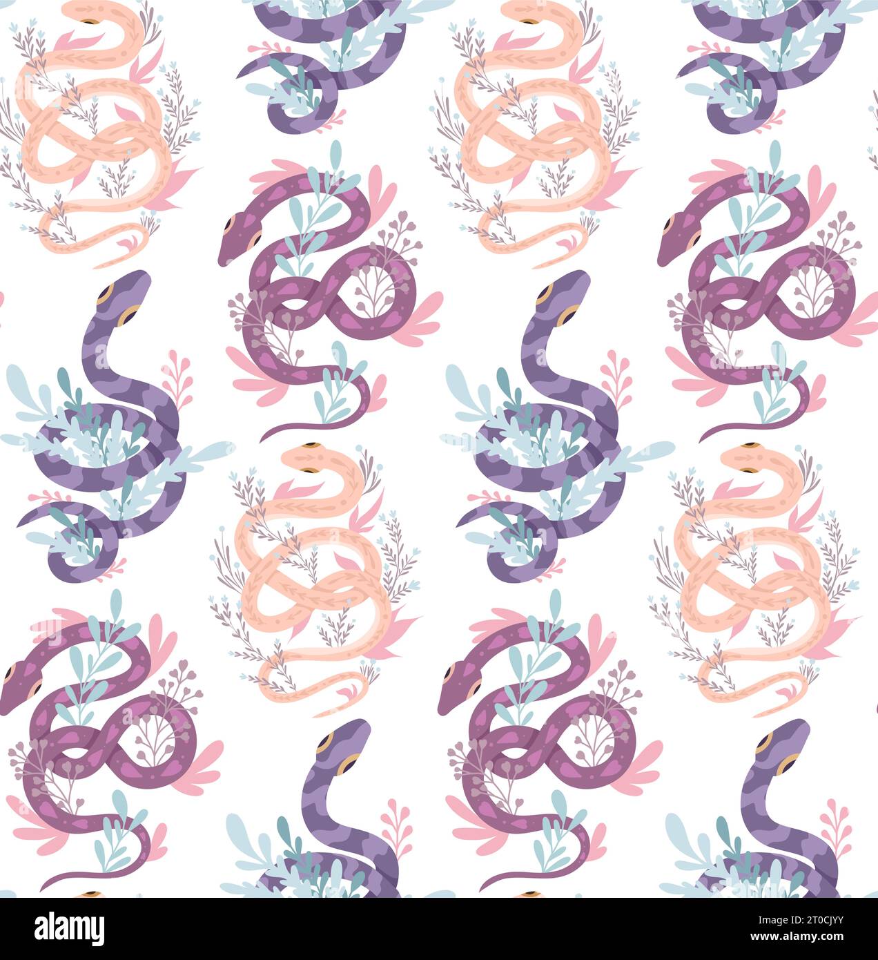 Seamless vector pattern with violet snakes and stems on white ...