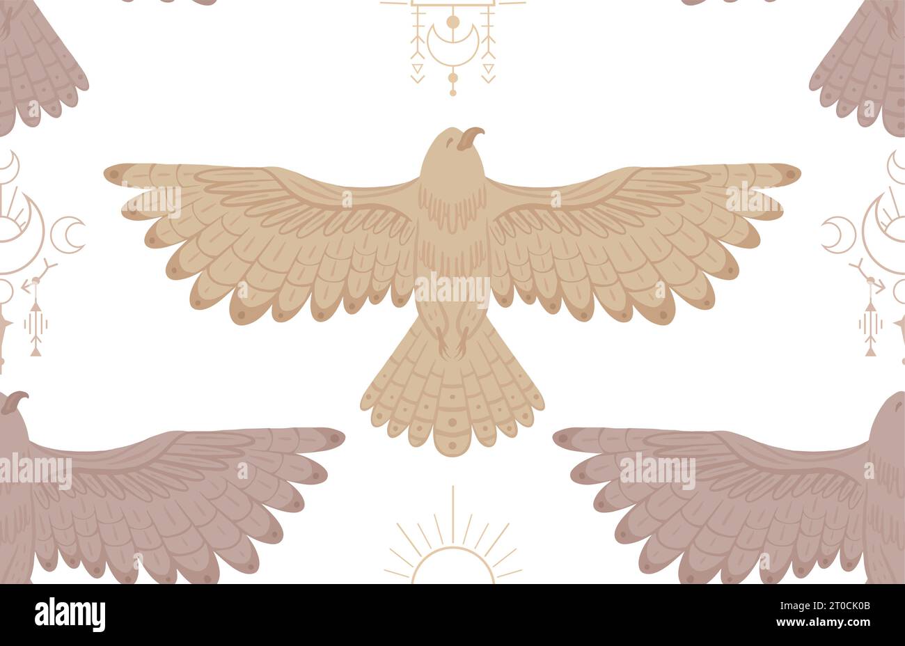 Decorative seamless pattern with flying birds and sacral symbols ...