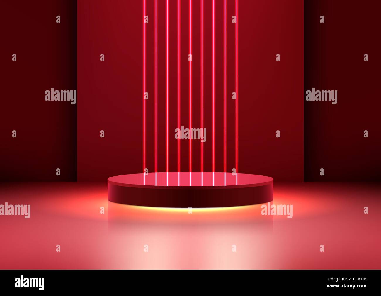 3D realistic empty red podium stand with red neon laser lines backdrop ...