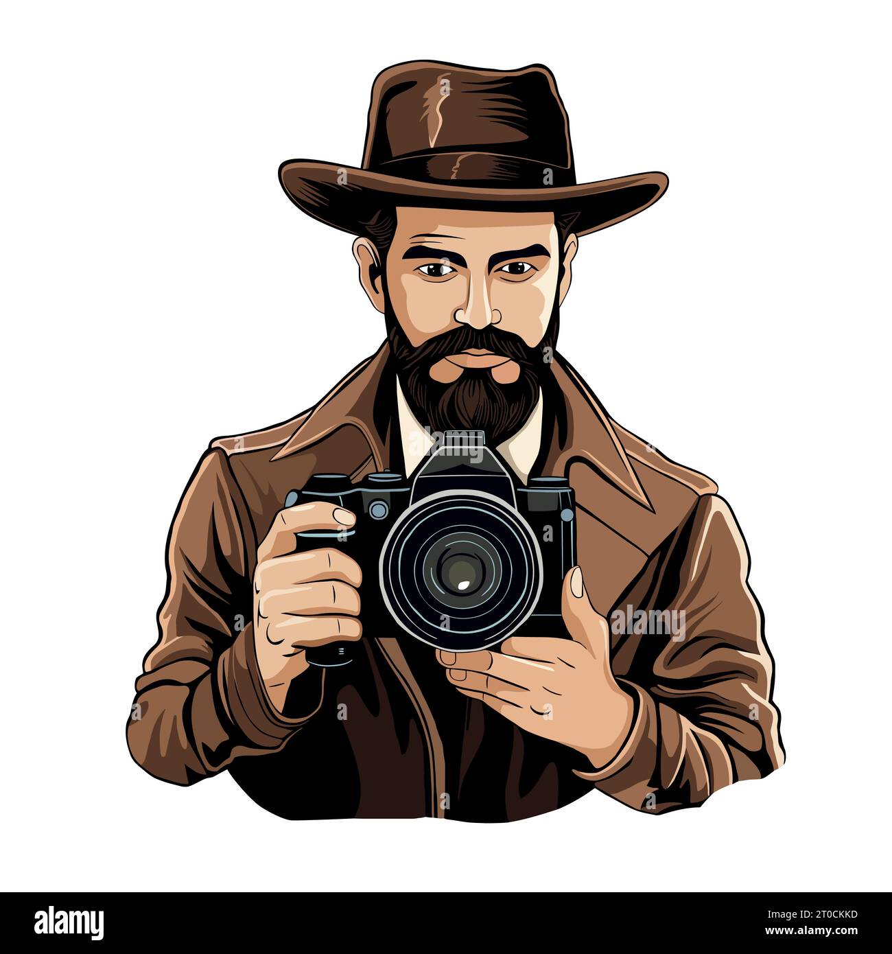 Private detective character looking through camera, spying, monitoring ...