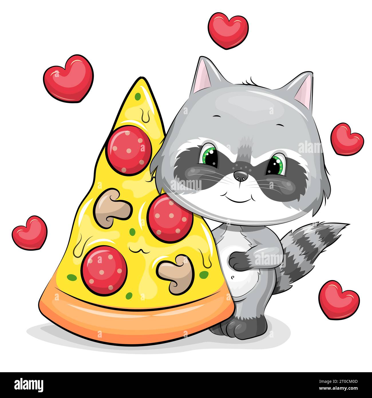 Cute cartoon raccoon with a big piece of pizza. Vector illustration of ...