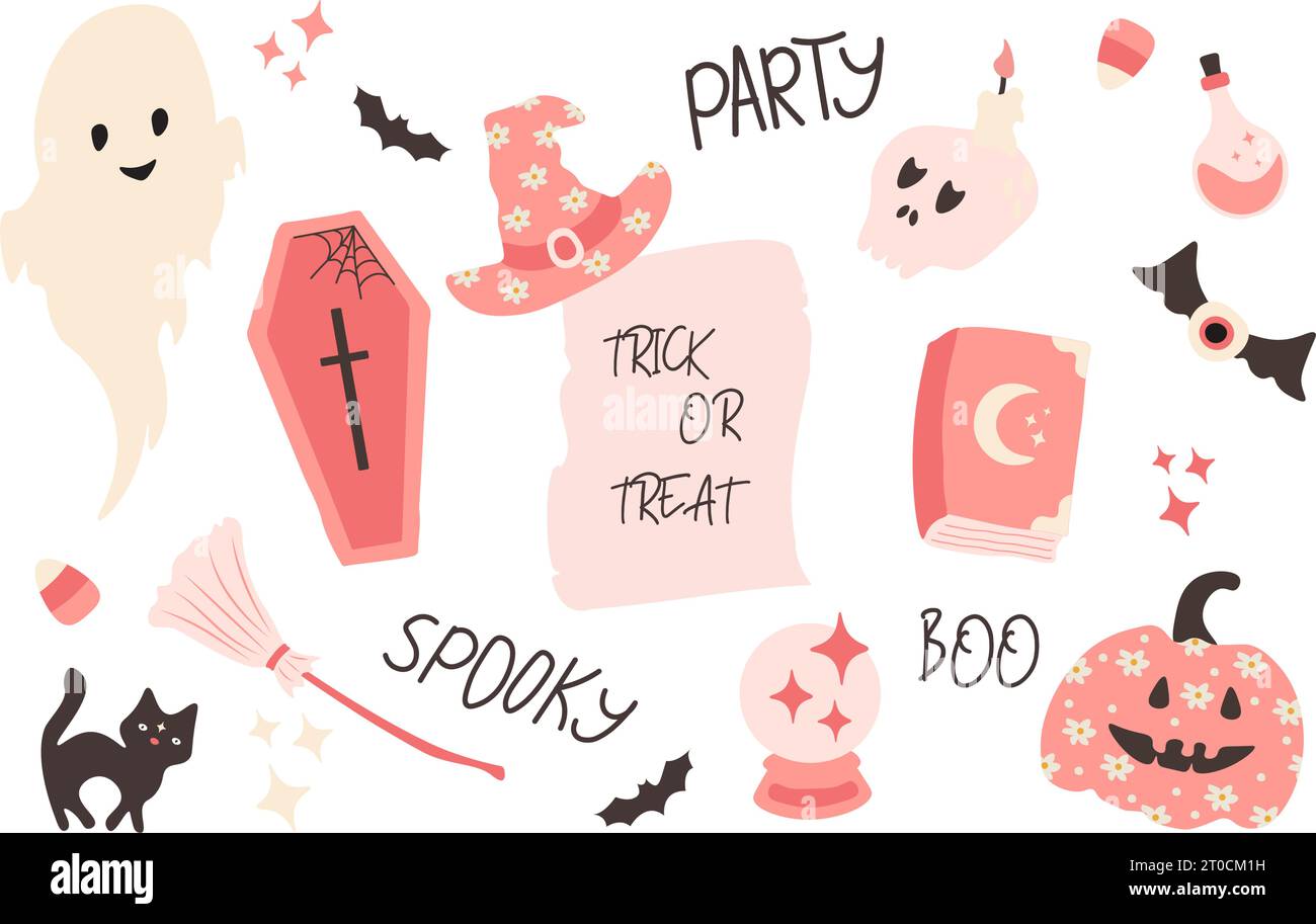 Halloween pink elements set. Cute decor of magical elements in a simple ...