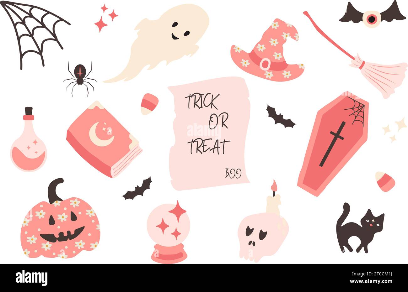 Halloween pink elements set. Cute decor of magical elements in a simple ...