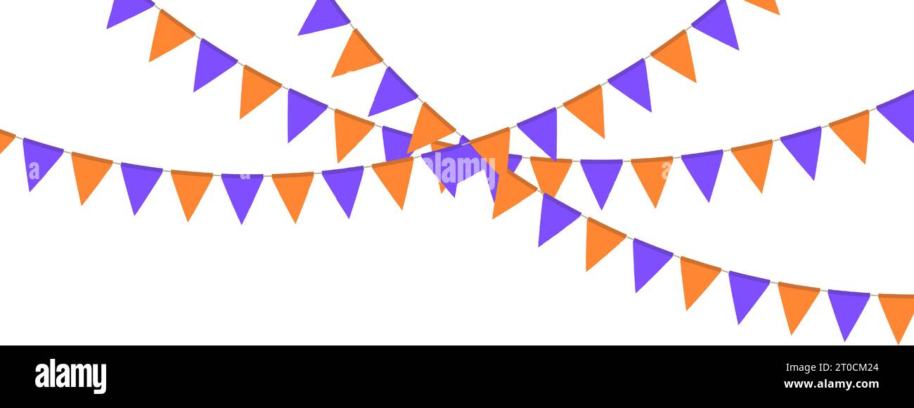 Violet and orange flag garland. Triangle pennants chain. Party ...