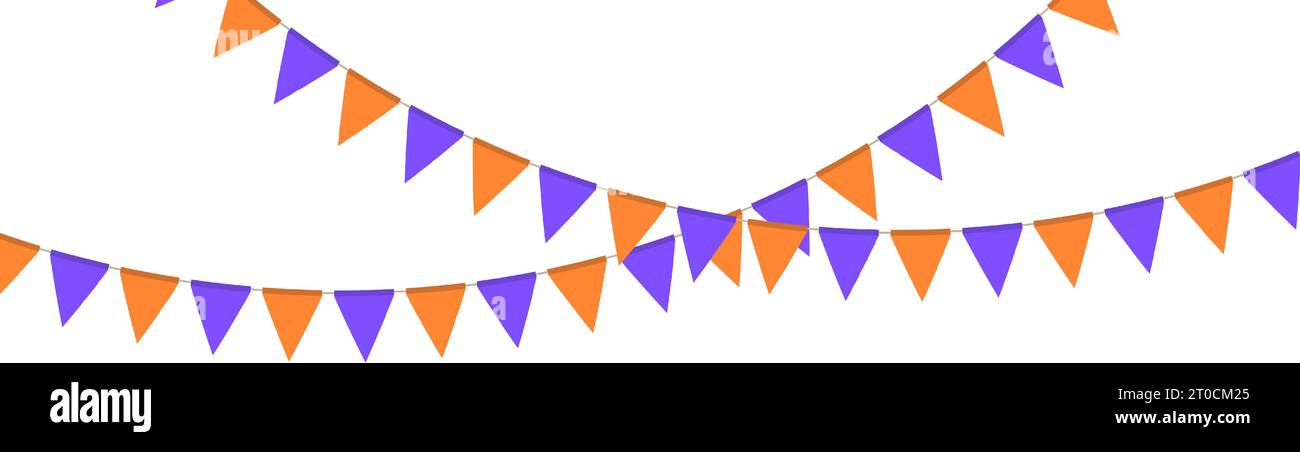 Violet and orange flag garland. Triangle pennants chain. Party ...