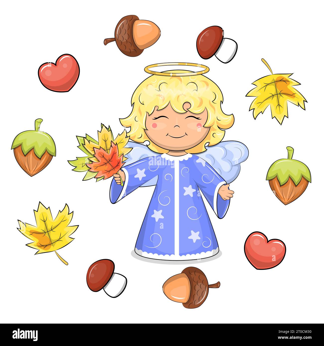 Cute cartoon angel with fallen leaves in an autumn frame. Vector ...