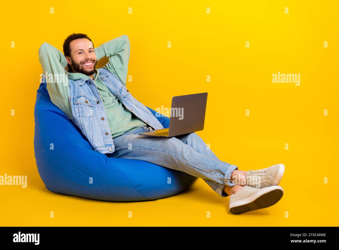 Full body cadre of chilling take nap guy lying pouf comfortable ...