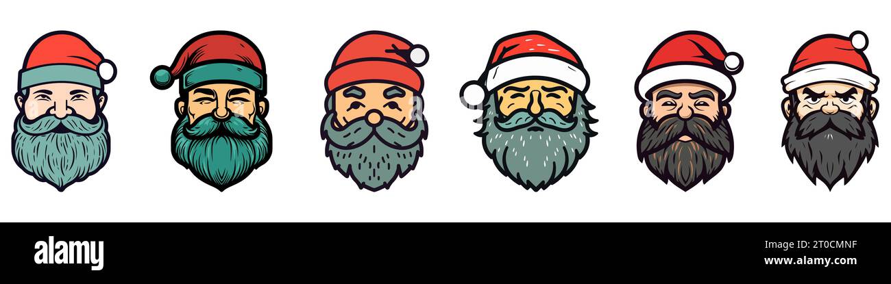 Santa Claus face with beard and mustache. Christmas icons set. Cute ...