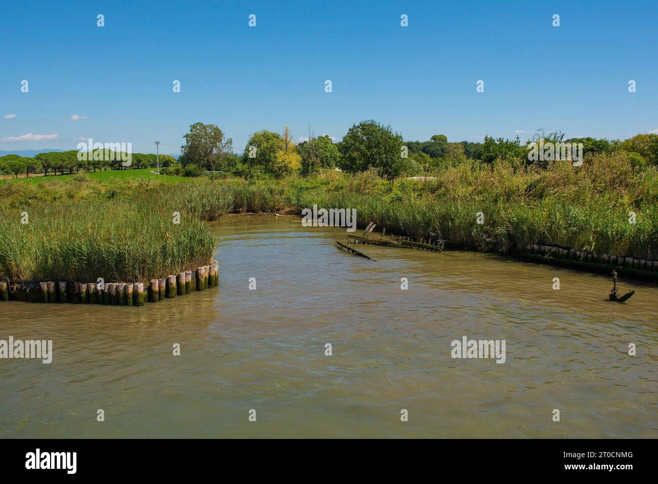 The wreck of a wooden boat in a navigable channel near Aquileia in the ...
