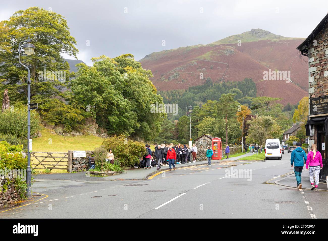 Grasmere village scene in the Lake District national park, wet and ...