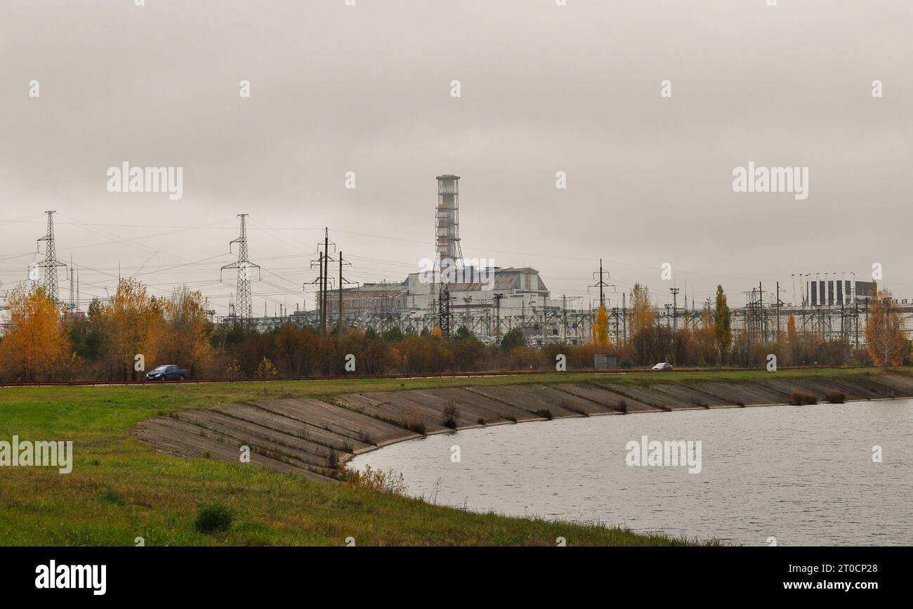 View of reactors #3 and #4 of Chernobyl and Pripyat River, Ukraine ...