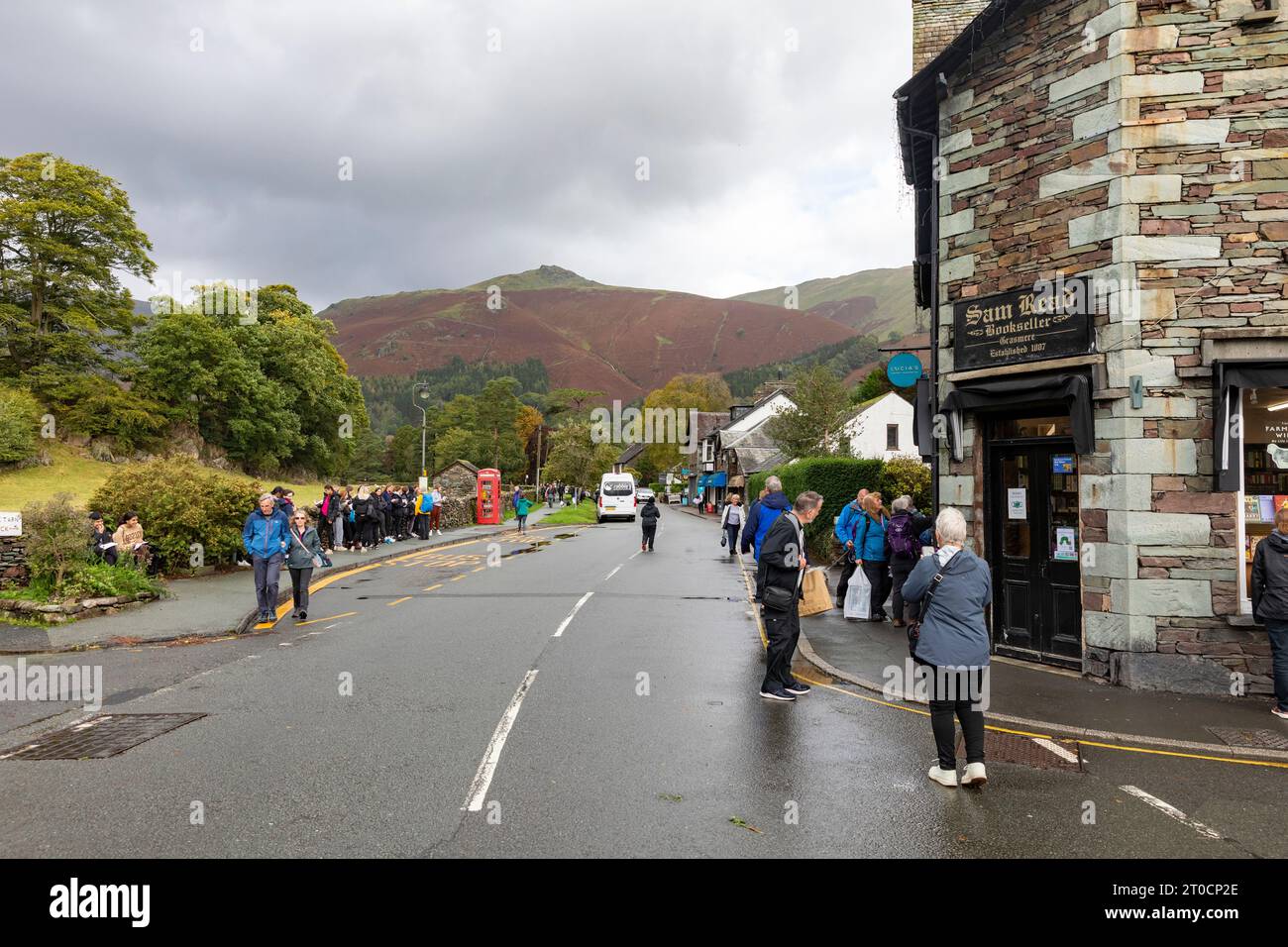Grasmere village scene in the Lake District national park, wet and ...