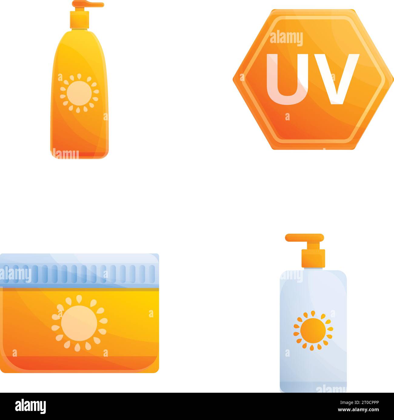 Sunscreen icons set cartoon vector. Sunscreen bottle and uv shield ...
