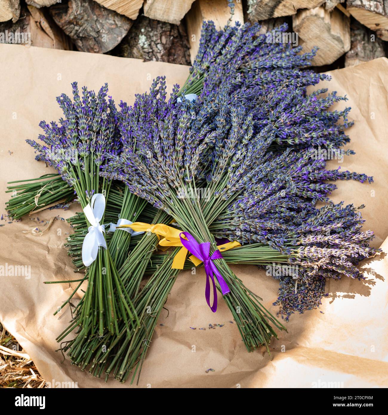 Lavender bouquets with purple and yellow ribbons lie on paper Stock ...