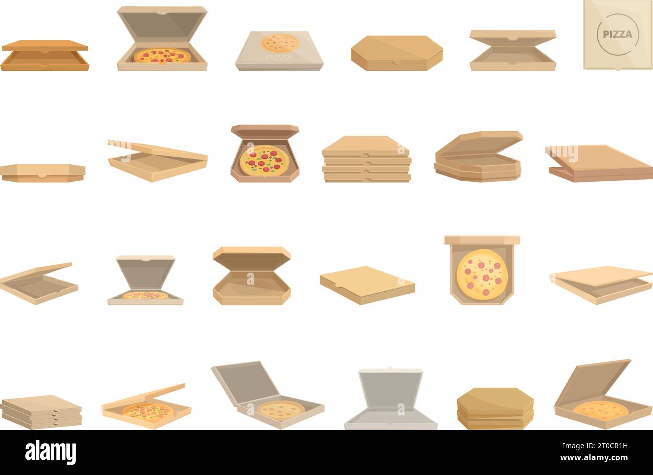 Cardboard pizza box icons set cartoon vector. Food package. Pack print ...