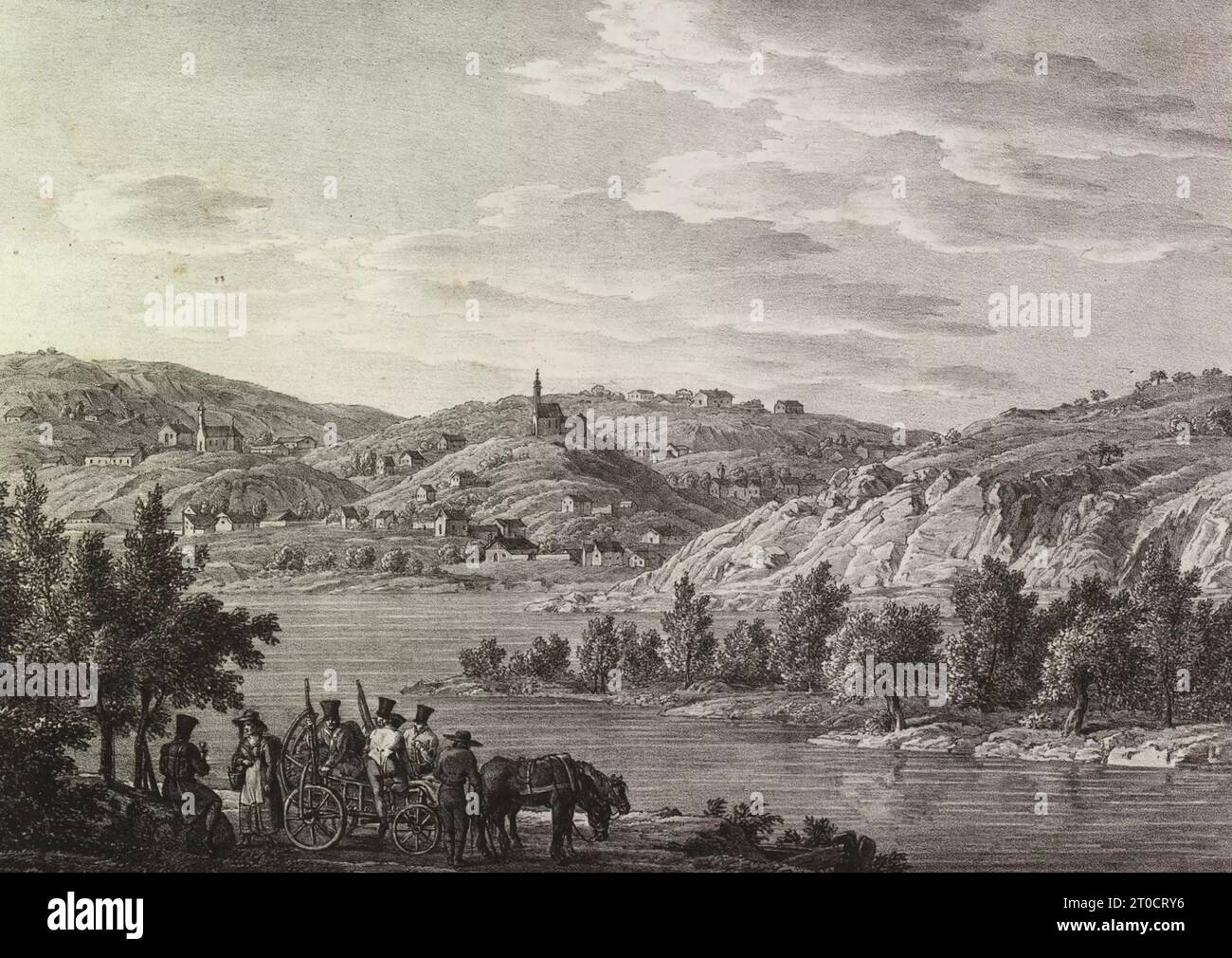 Ansicht der Donau in Ungarn, Dorf Pentele, 1826 / View of river Danube ...