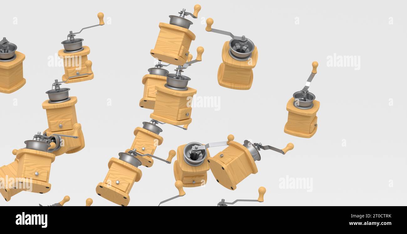 Many of flying manual wooden coffee grinder on white background. 3d ...