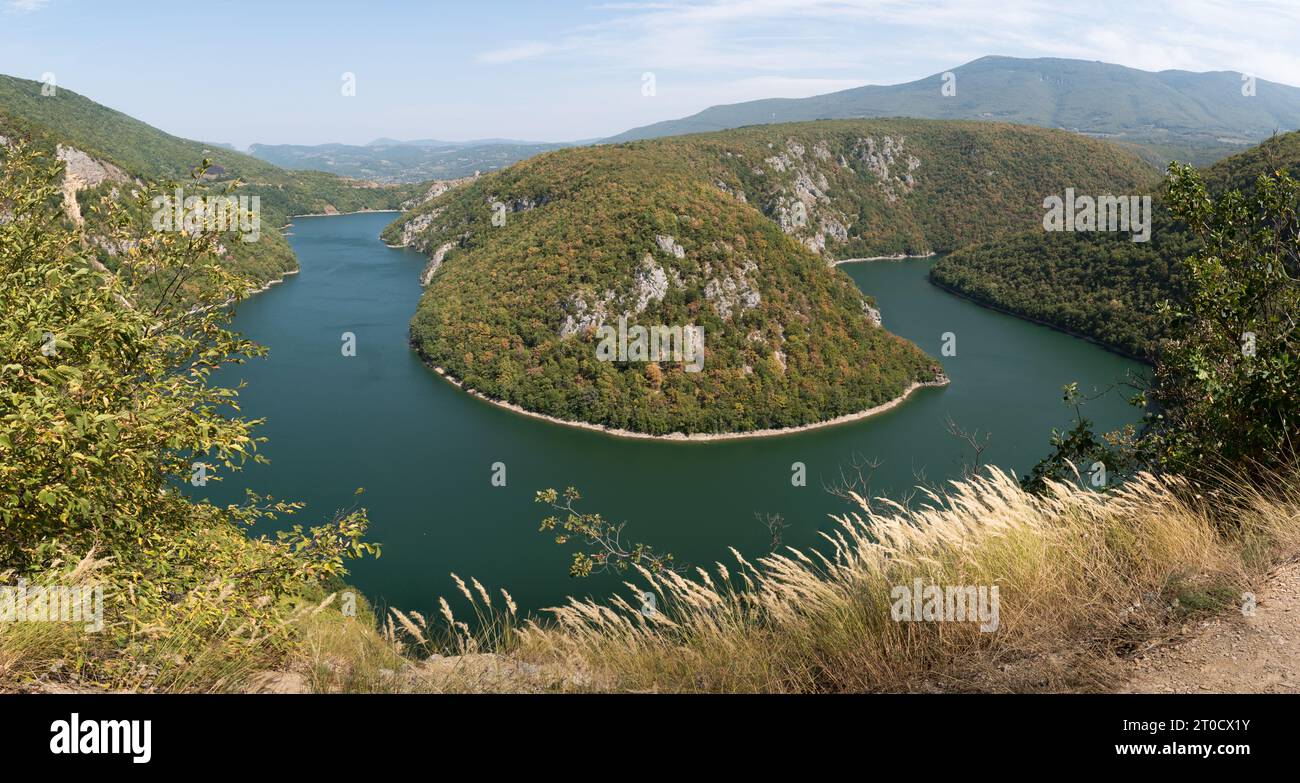 Artificial lake Bočac on the Vrbas river that winds between mountains ...