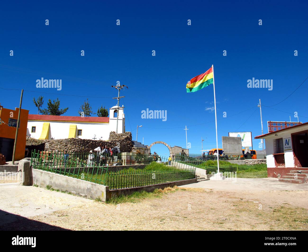 The flag on the border Peru and Bolivia on Altiplano in Andes, South ...