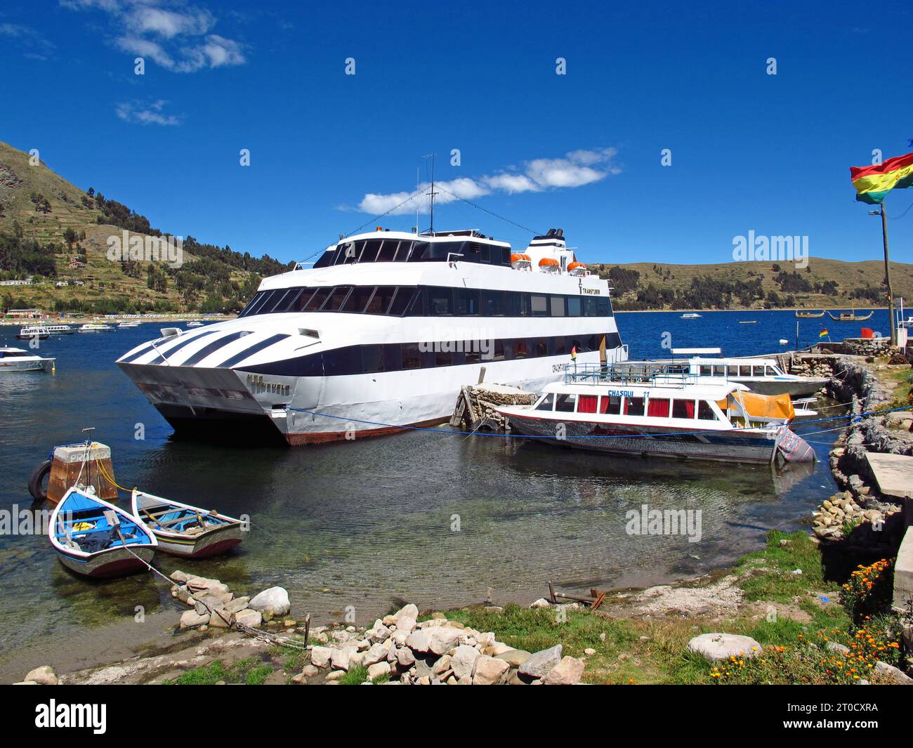 Boats on Lake Titicaca in Andes, Copacabana, Bolivia Stock Photo - Alamy