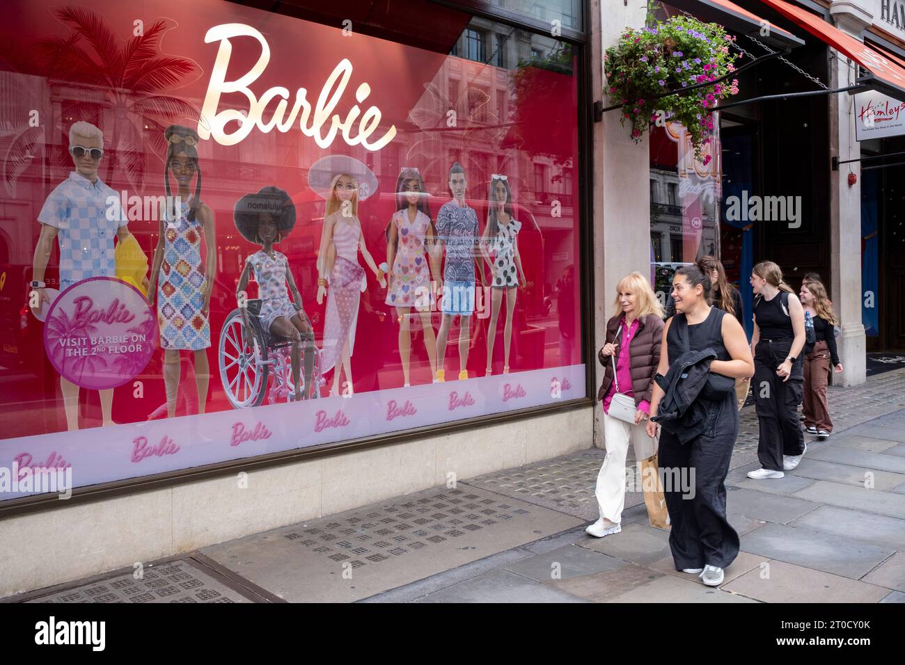 Promotional material for Barbie dolls in the shop window of Hamleys toy ...