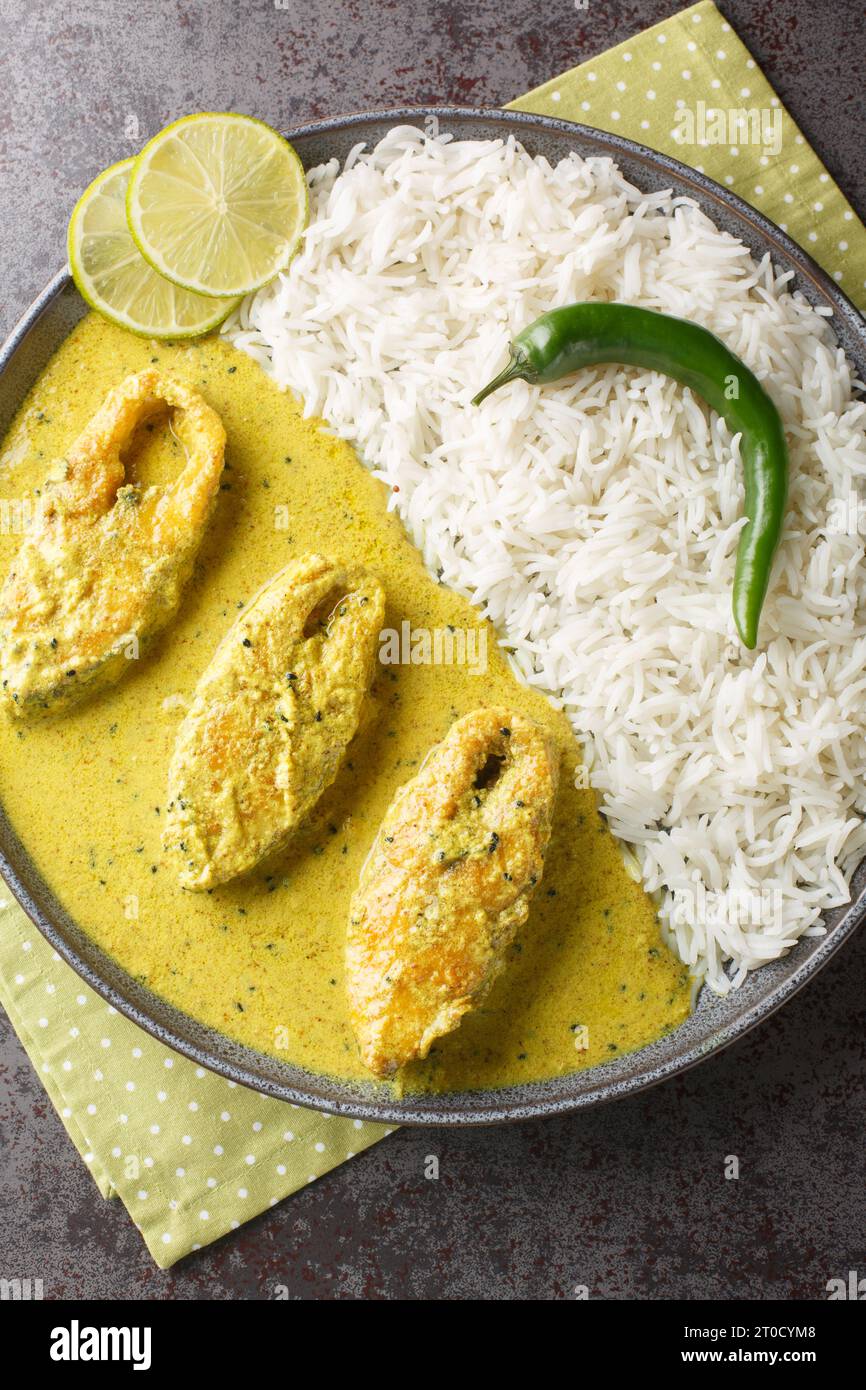Traditional Mustard Fish Curry Shorshe Ilish or Hilsa closeup on the ...